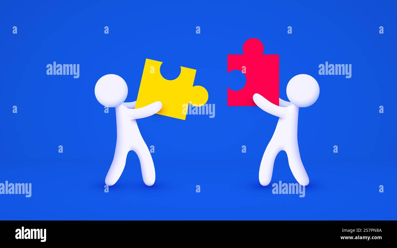 3d white people team assemble two color piece of a puzzle, isolated ...