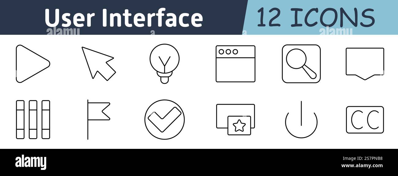 User interface set icon. Play, pointer, light bulb, browser, magnifier, message, books, flag ...