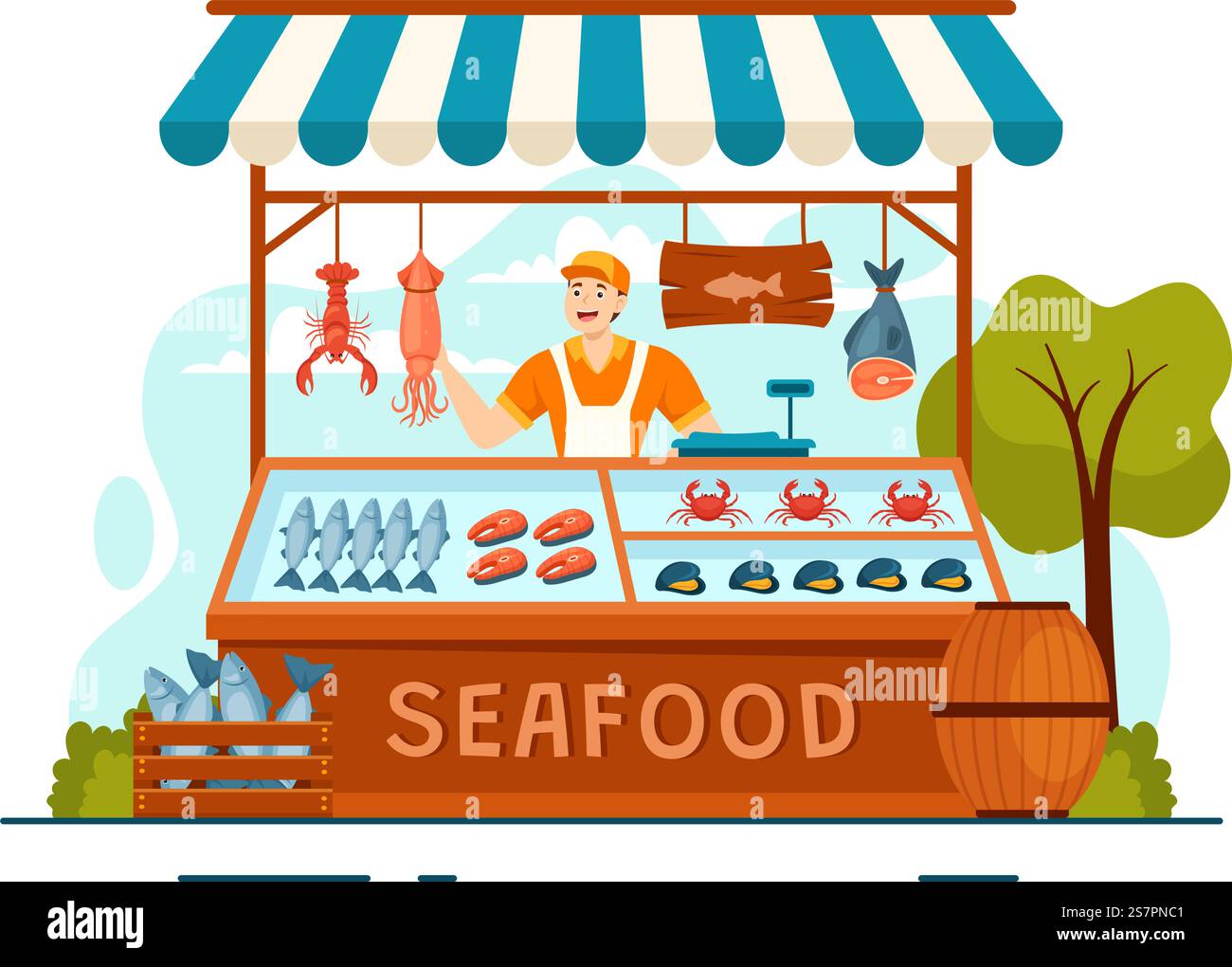 Seafood Market Stall Vector Illustration with Fresh Fish Products such ...