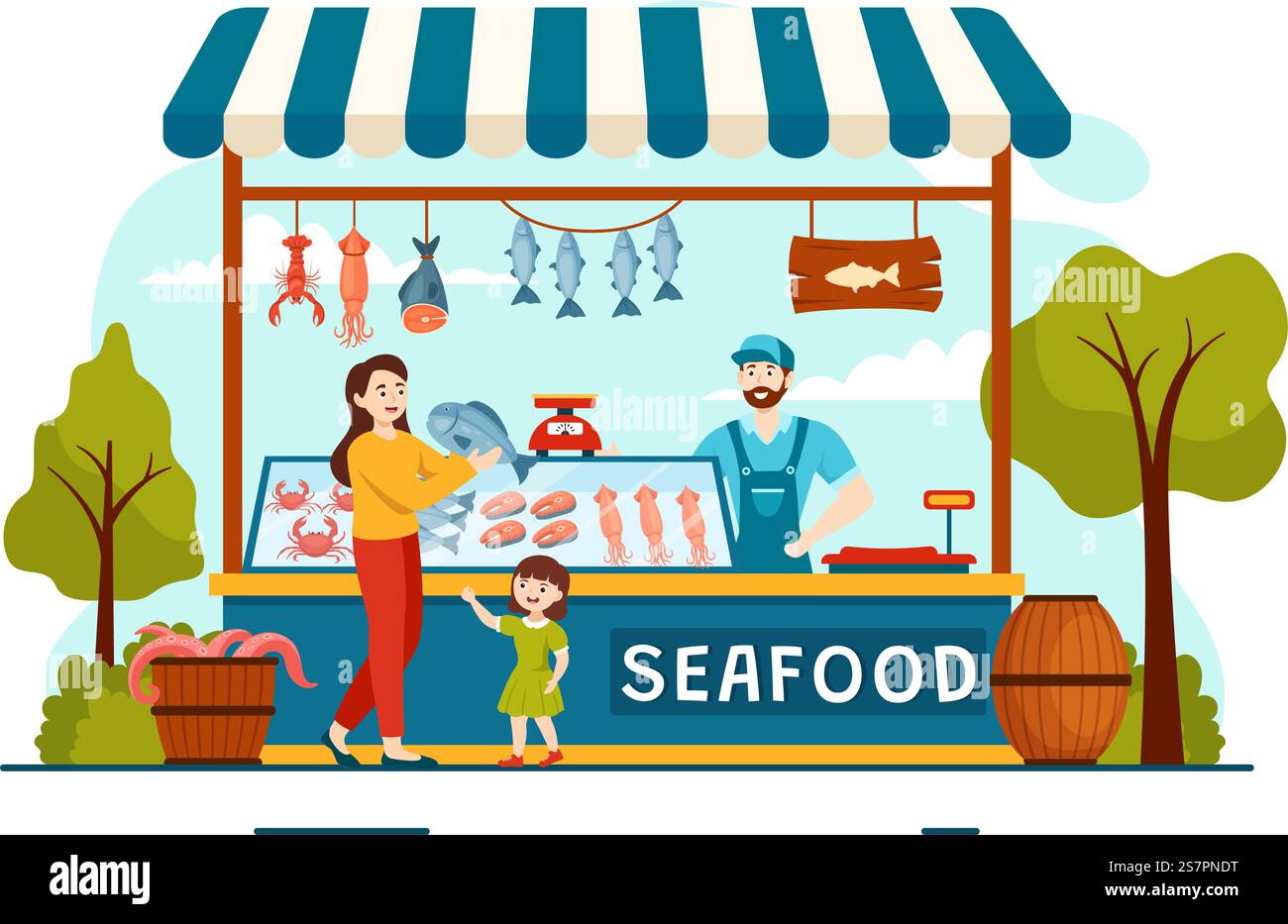 Seafood Market Stall Vector Illustration with Fresh Fish Products such ...