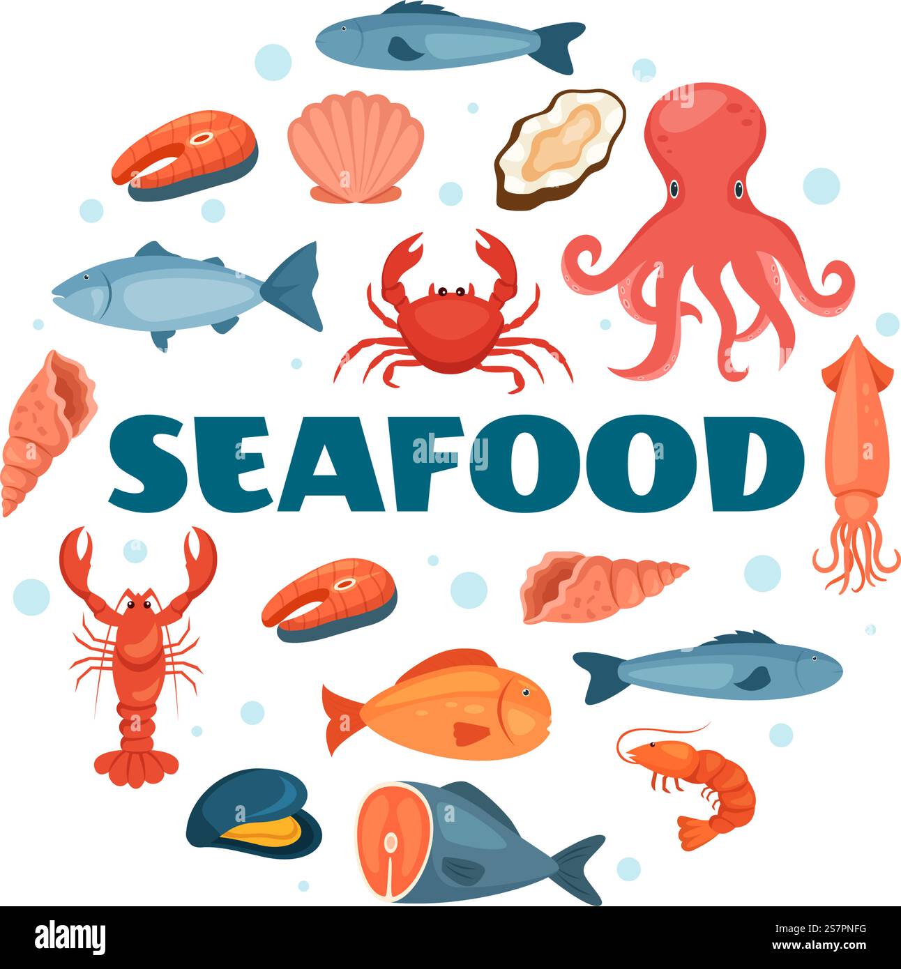 Seafood Market Stall Vector Illustration with Fresh Fish Products such ...
