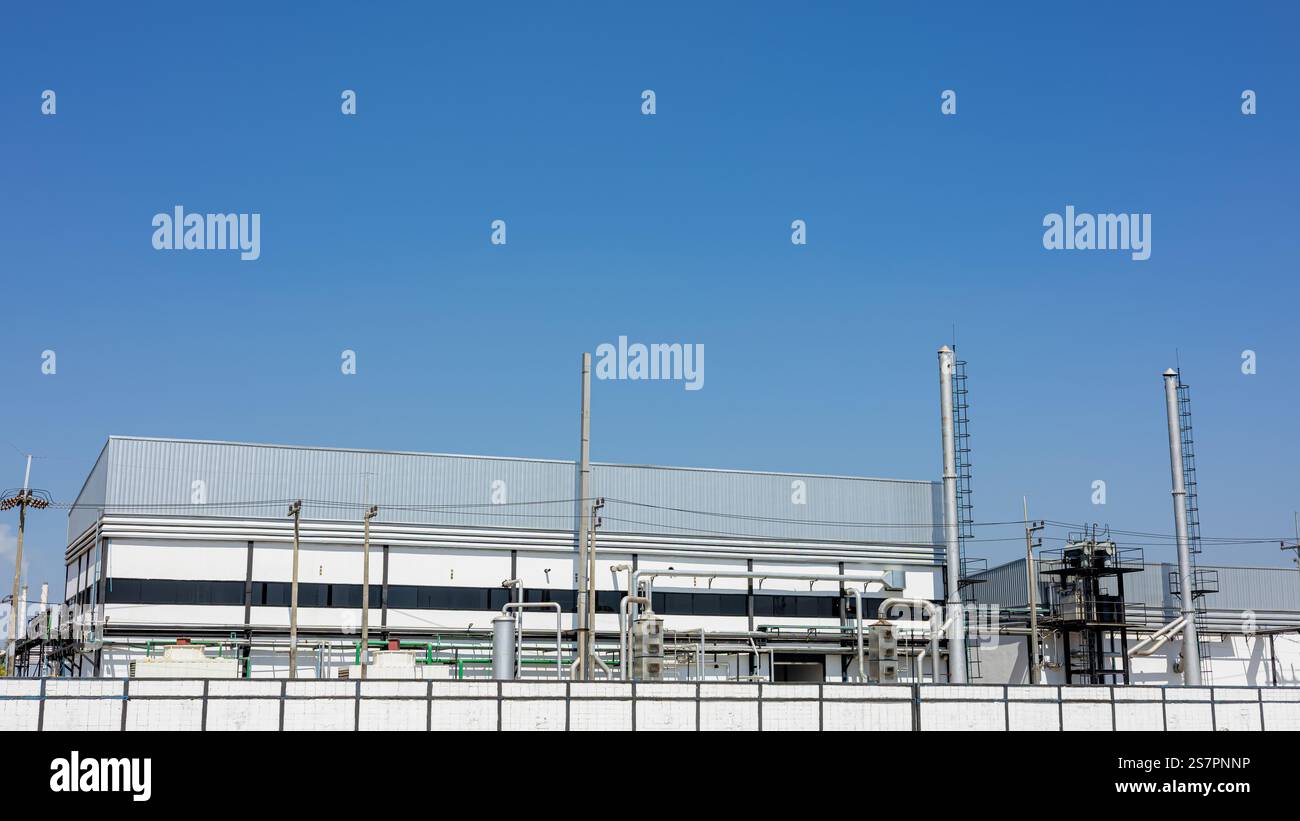 Back of industrial factory building with ventilation ducts and pipes ...