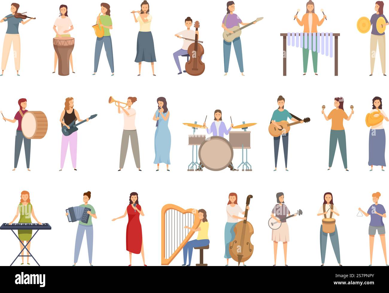 Female musician icons set cartoon vector. Woman music. Piano stage ...