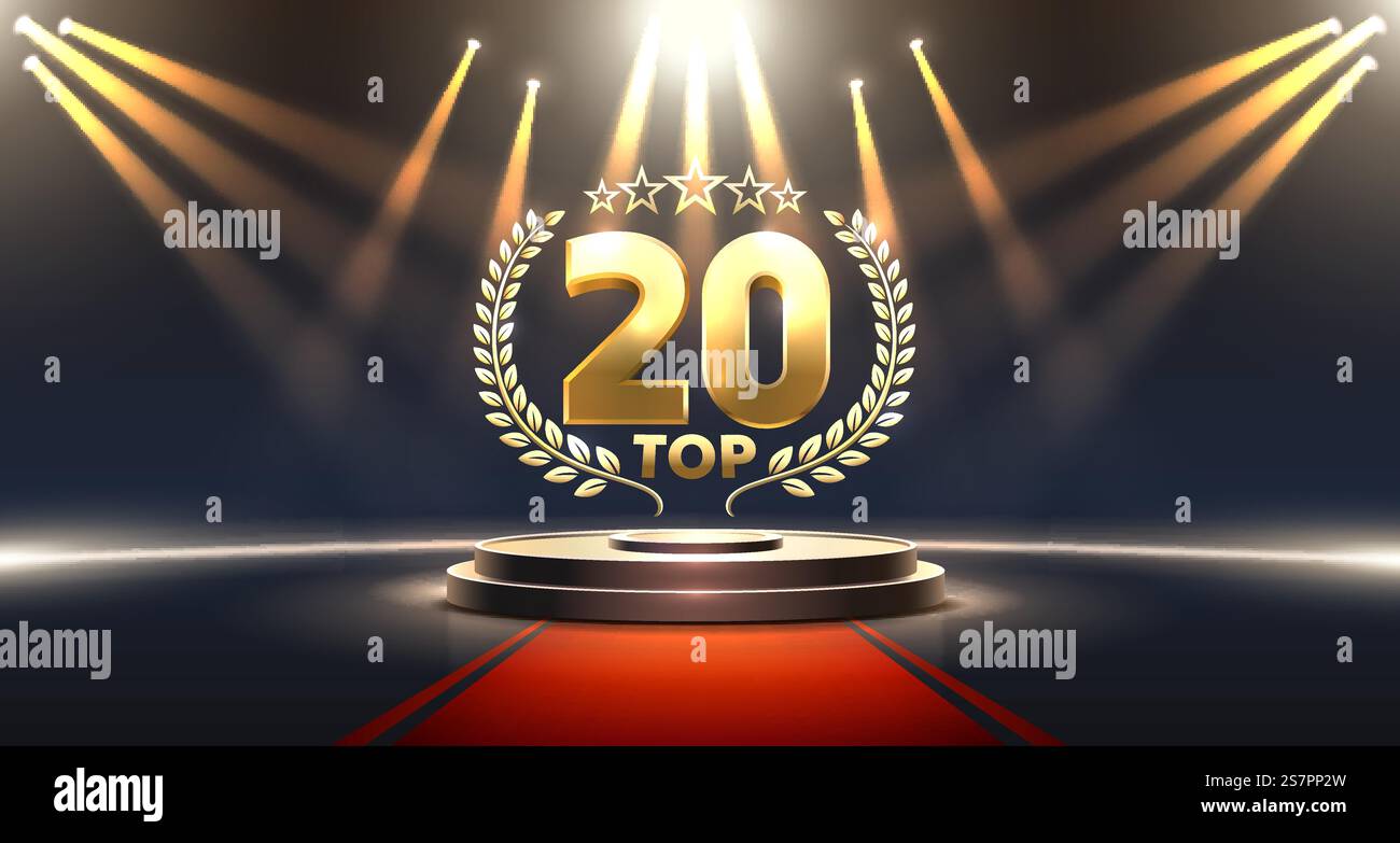Top 20 best podium award sign, golden object. Vector illustration. Top ...