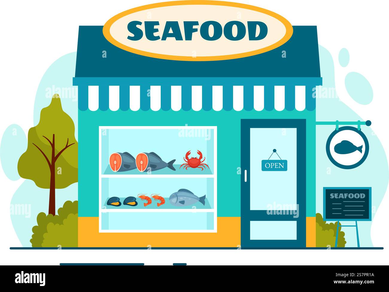 Seafood Market Stall Vector Illustration with Fresh Fish Products such ...
