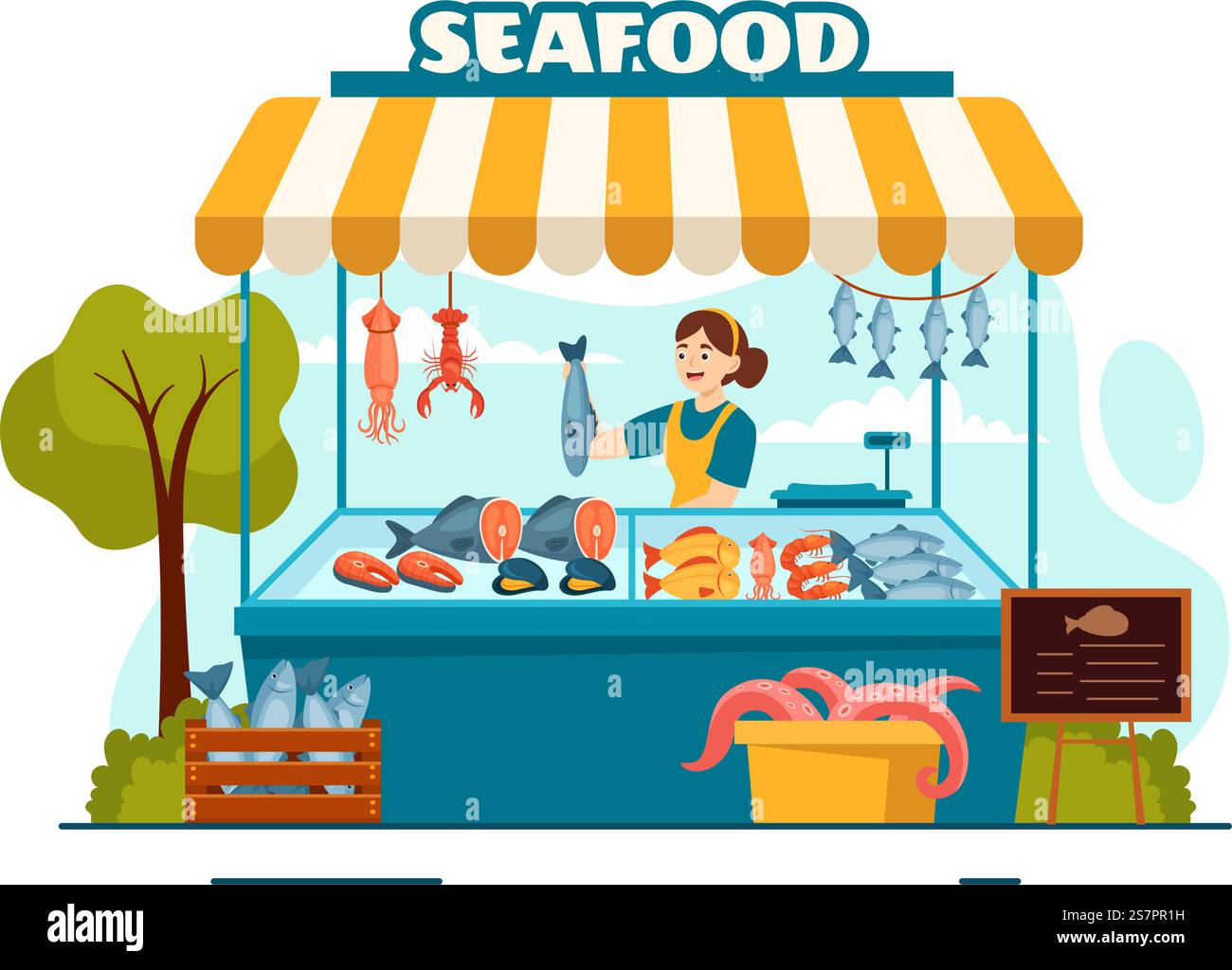 Seafood Market Stall Vector Illustration with Fresh Fish Products such ...