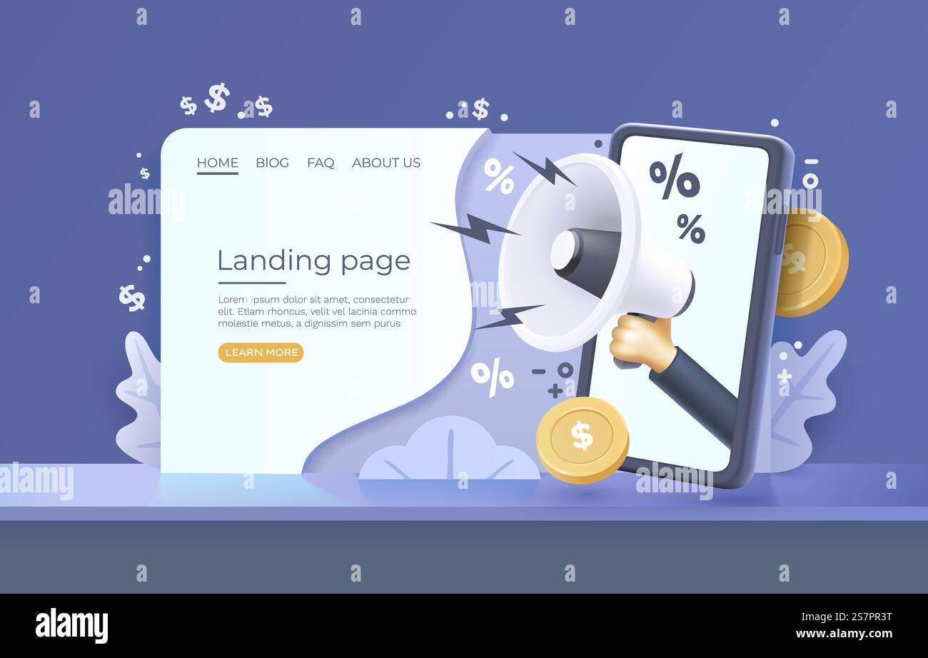 Landing page megaphone smartphone mobile screen, technology mobile ...
