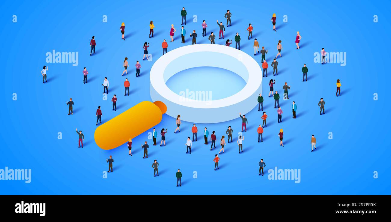 Large group of people standing around magnifying glass. Human Research ...