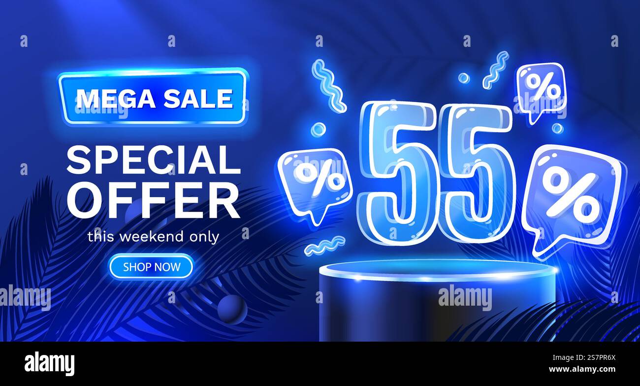 Mega sale special offer, Neon 55 off sale banner. Sign board promotion ...