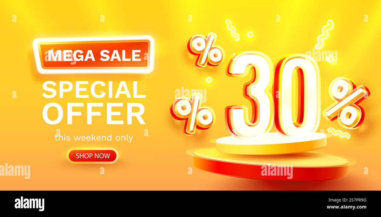 Mega sale special offer, Neon 30 off sale banner. Sign board promotion ...