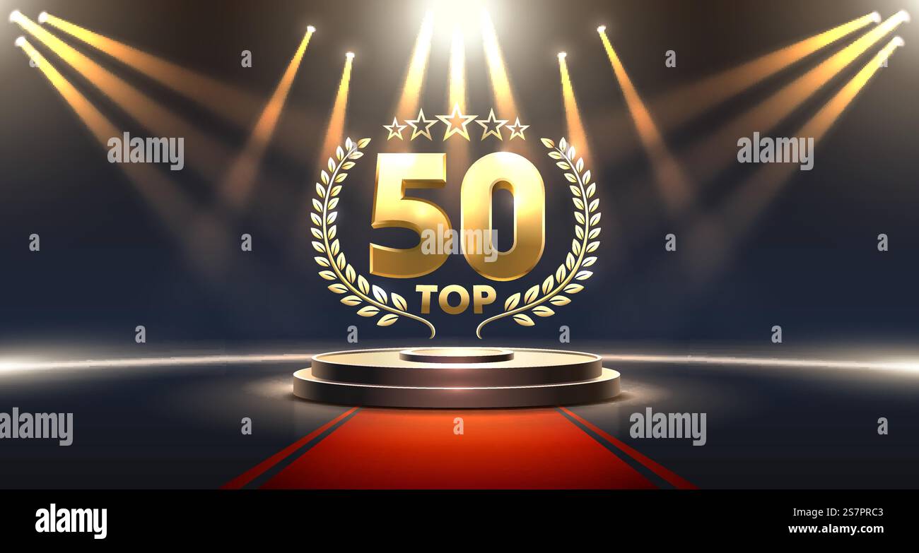 Top 50 best podium award sign, golden object. Vector illustration. Top ...