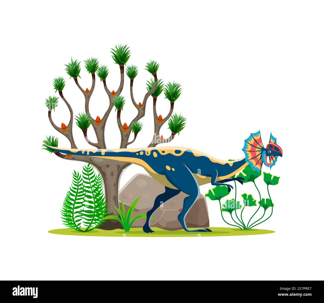 Dilophosaurus cartoon prehistoric dinosaur character. Isolated vector colorful carnivore dino at ...