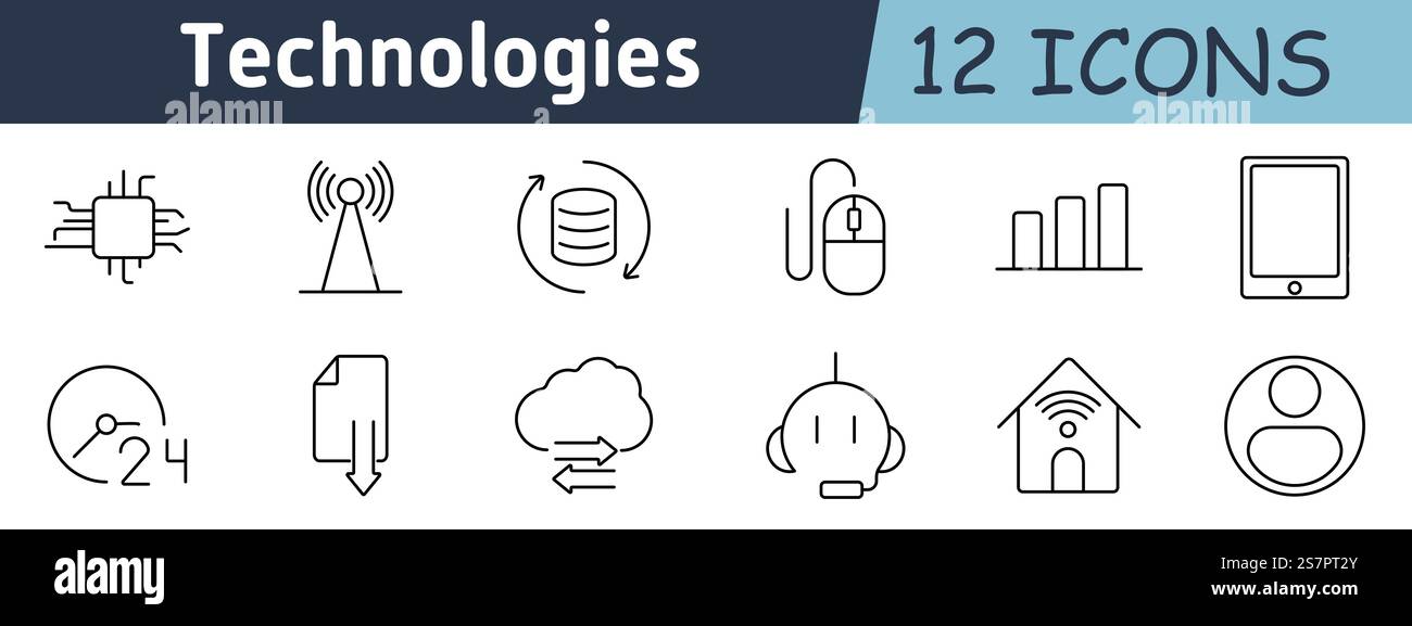 Technologies set icon. Chip, antenna, data refresh, mouse, graph ...