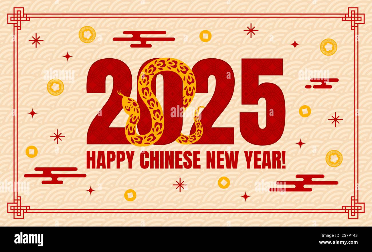 Happy Chinese Lunar New Year retro greeting card with snake, vector ...