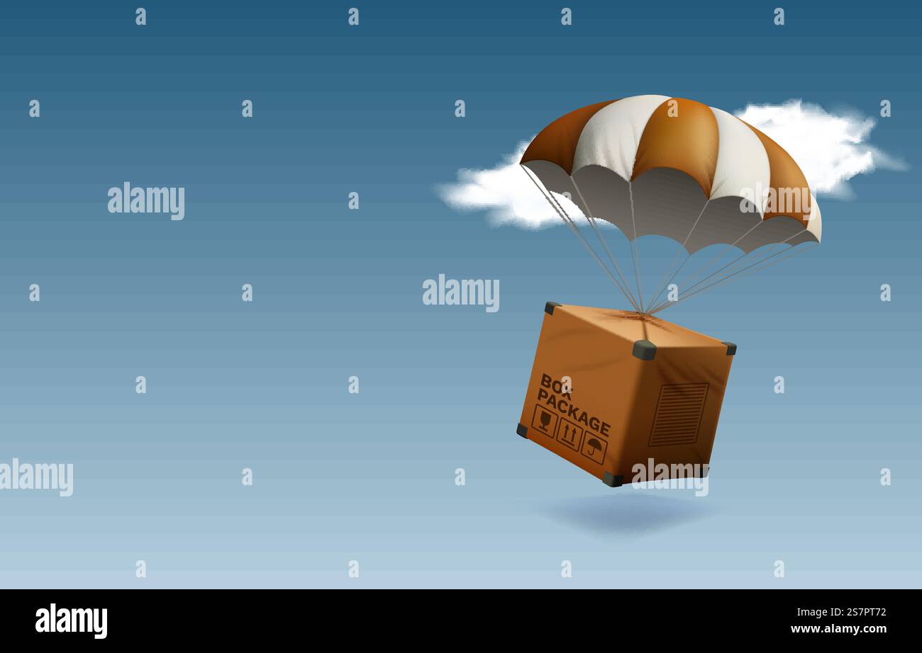 Package in a box by parachute, delivery by air. Vector illustration ...
