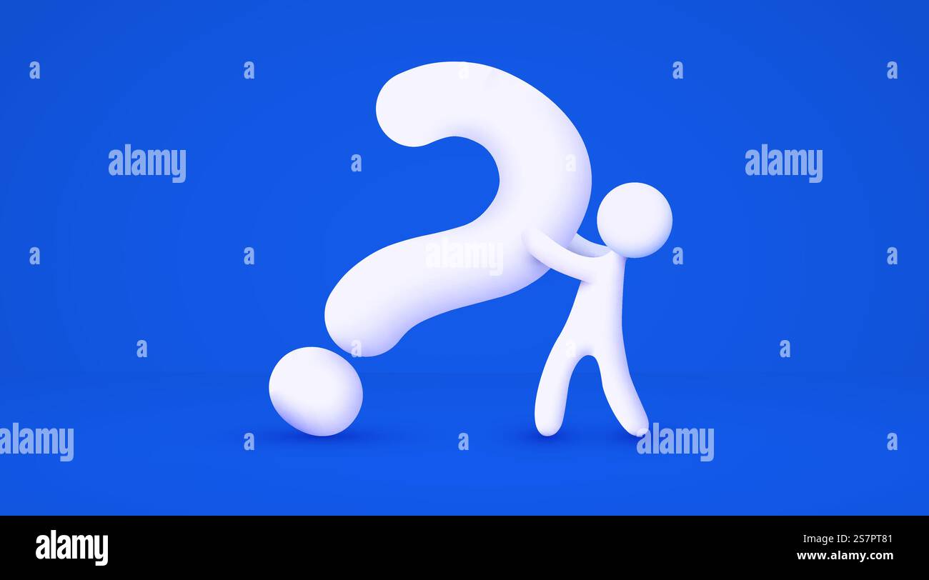 3d white cartoon man holding big question mark. Problem solving concept ...