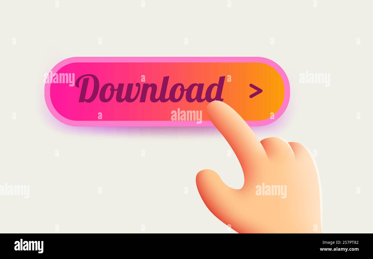 Hand presses the download button. Vector illustration. Hand presses the ...