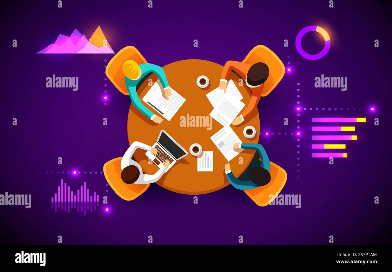 Team works together around a round table. Teamwork, brainstorming ...