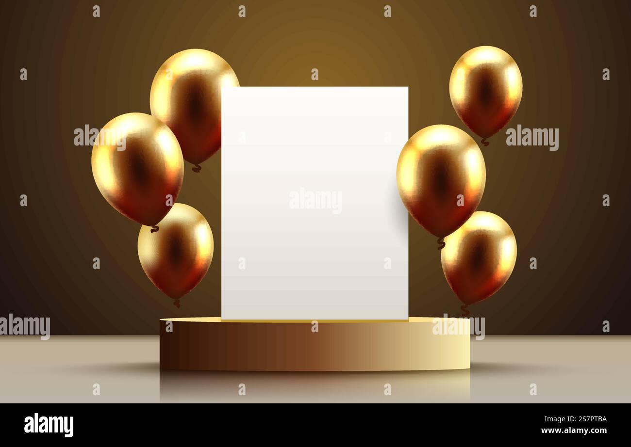 balloon golden podium present, celebrate happy birthday, gold platform ...