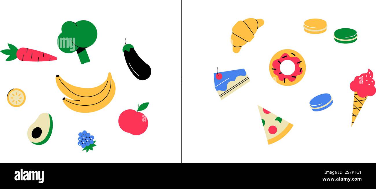Healthy Foods Versus Junk Foods In Flat Vector Illustration Symbolizing ...
