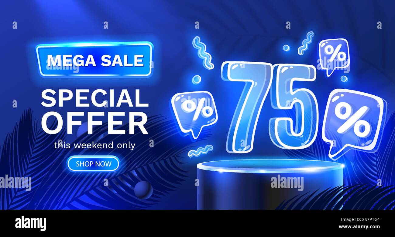 Mega sale special offer, Neon 75 off sale banner. Sign board promotion. Vector illustration ...