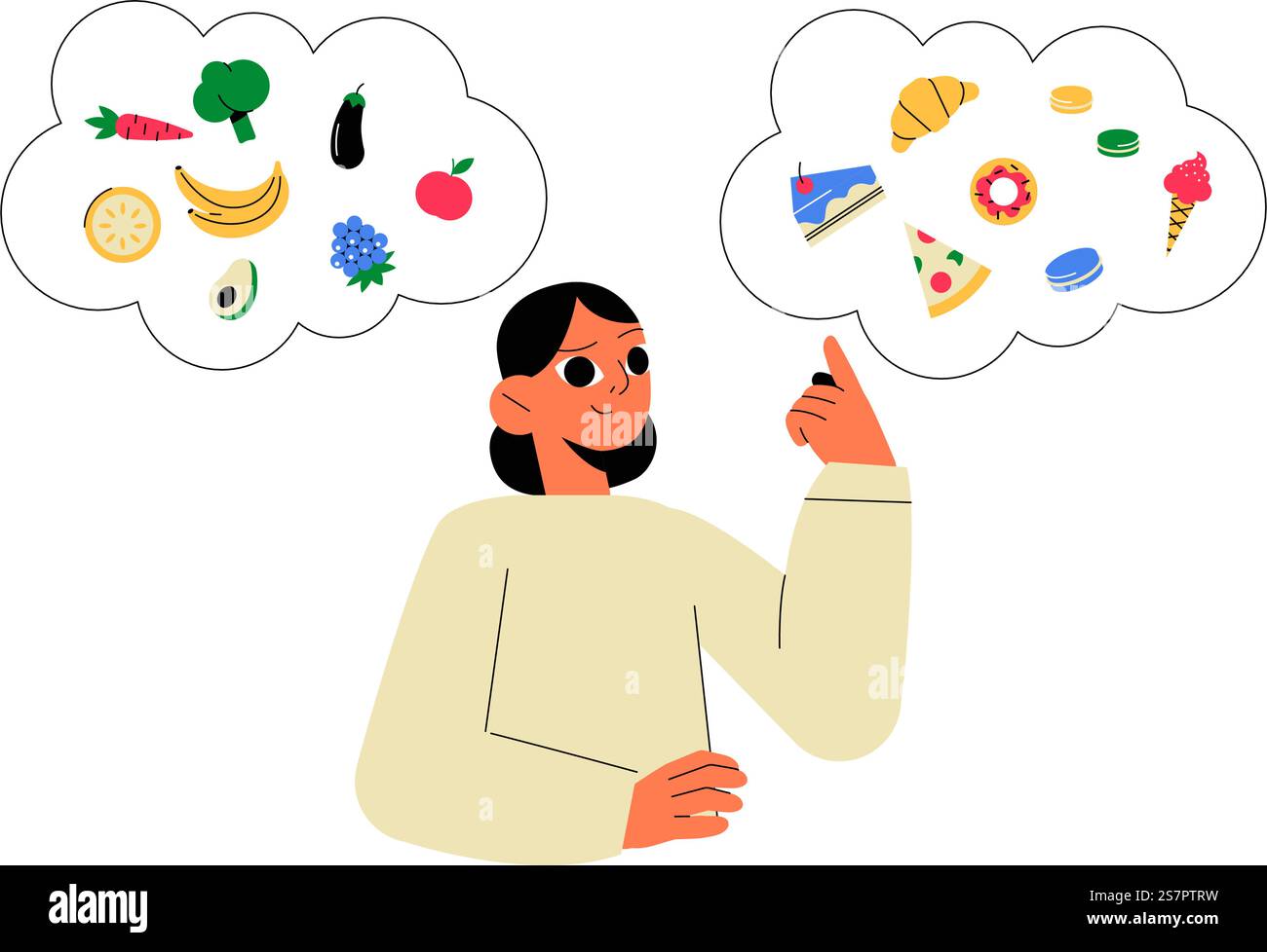 Female Choosing Between Healthy And Junk Food In Flat Vector ...