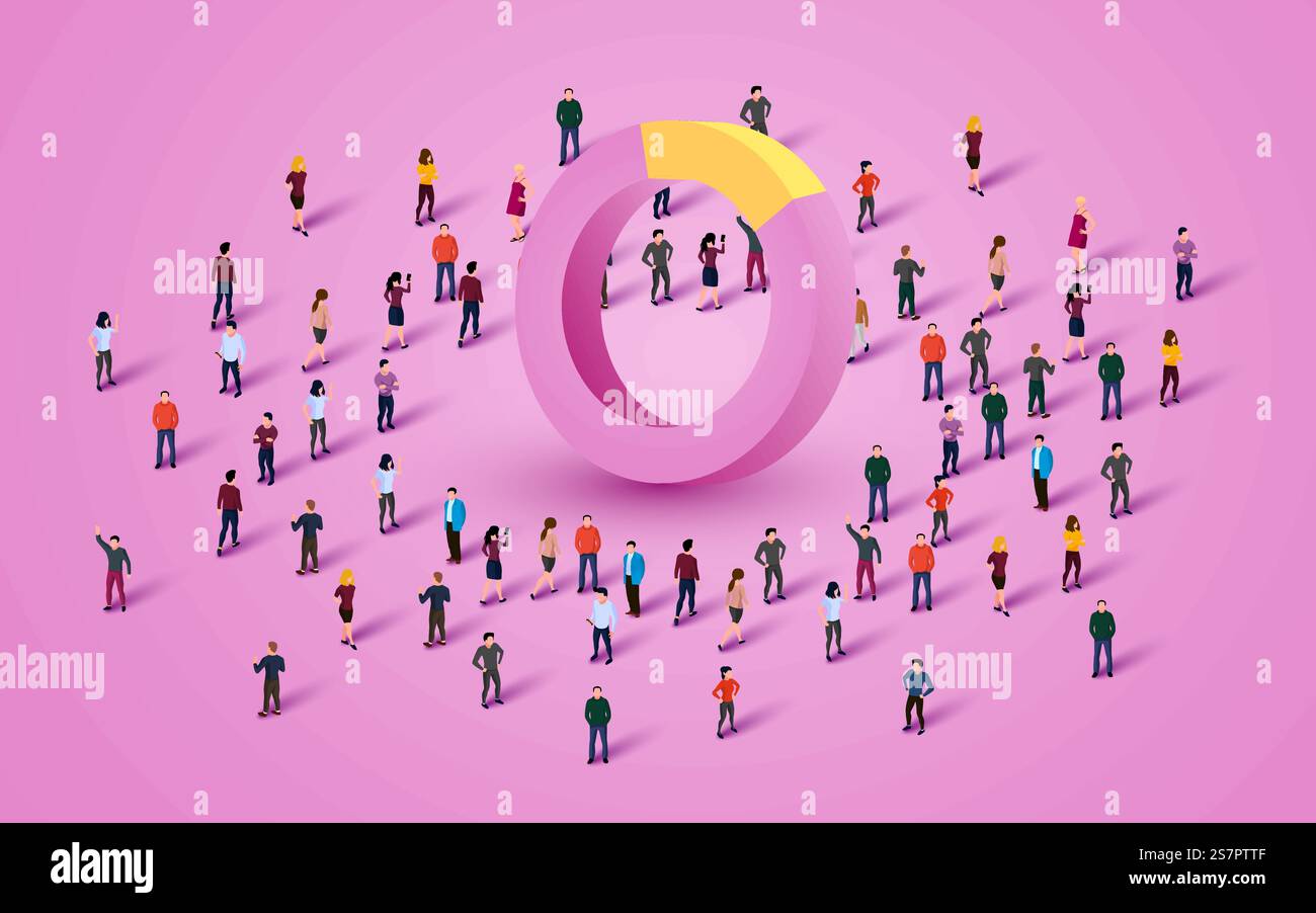 Large group of people standing around pie chart. People crowd ...