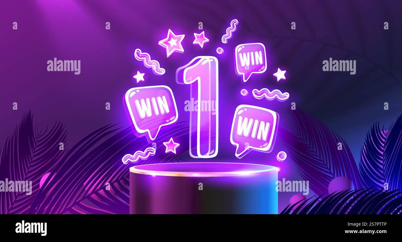 Winner 1 neon podium, award best banner. Vector illustration. Winner 1 ...