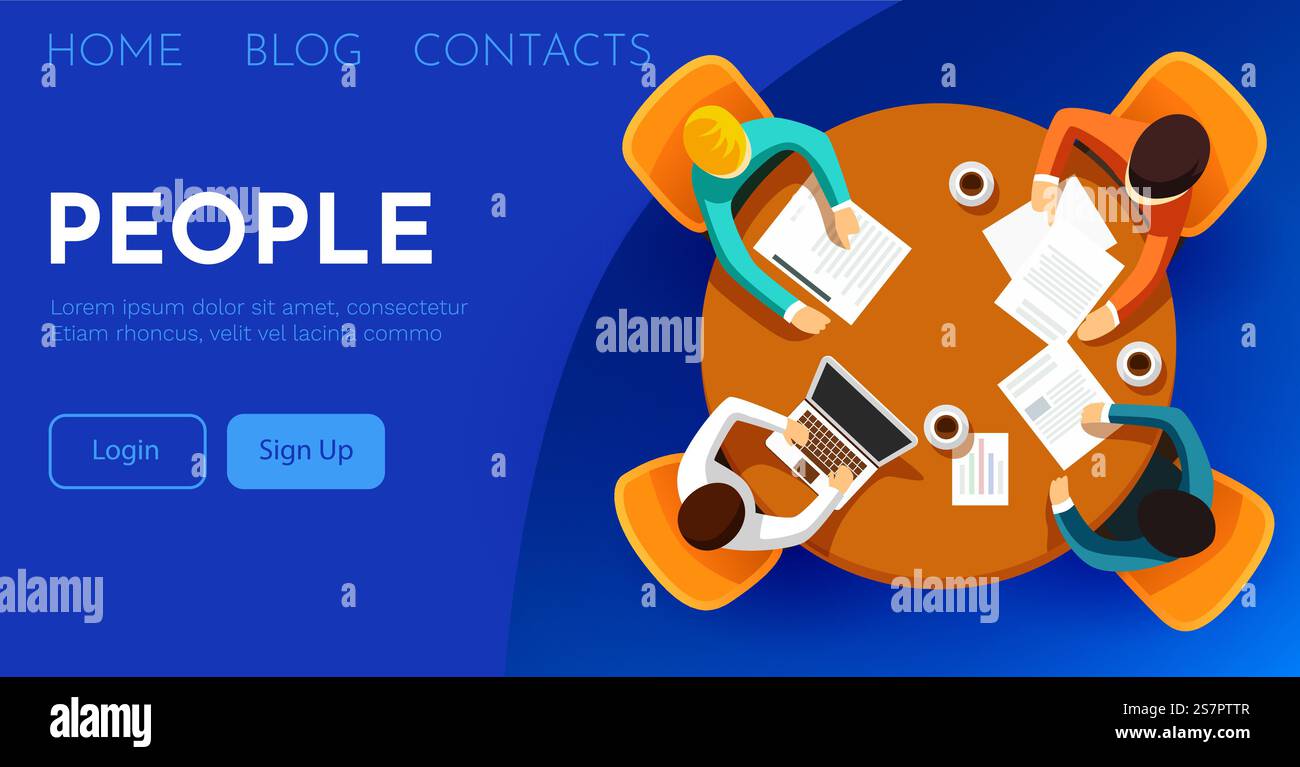 Team works together around a round table. Teamwork, brainstorming ...