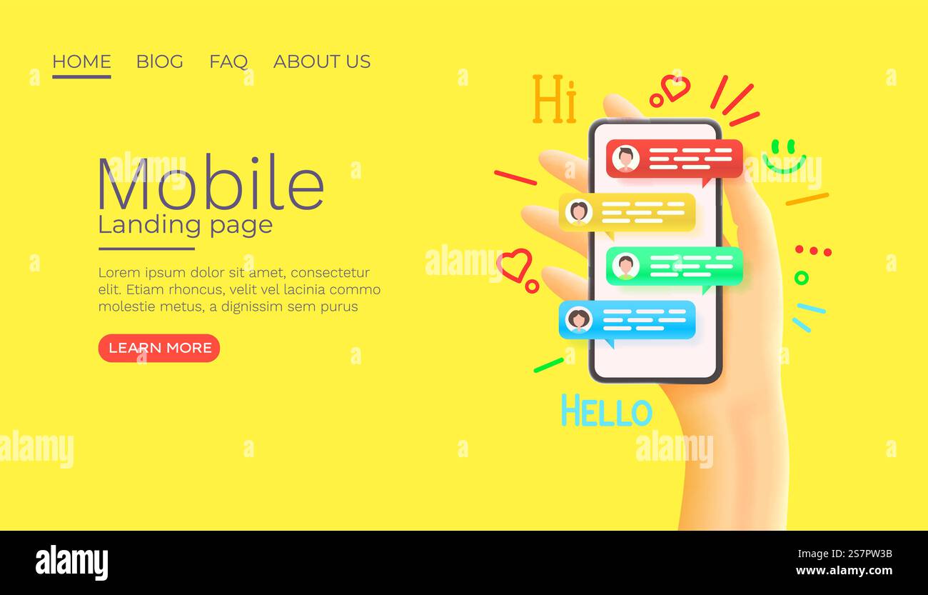 Smartphone in hand, communication between people using chat. Vector ...