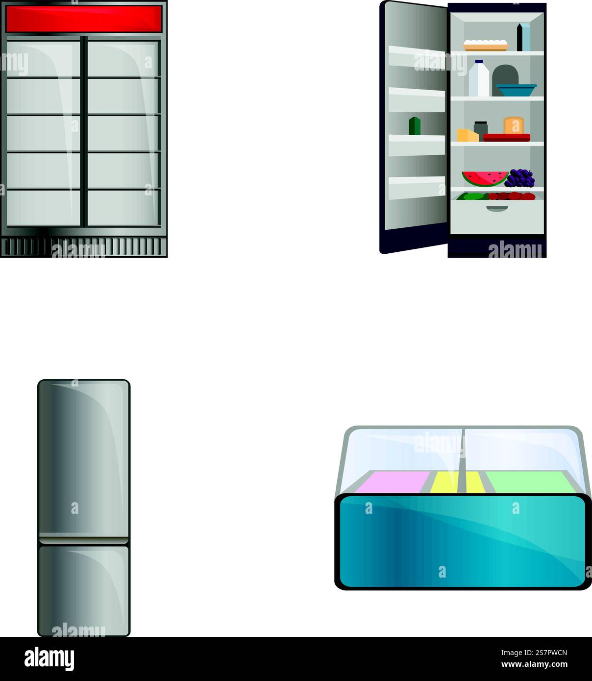 Refrigeration equipment icons set cartoon vector. Fridge showcase ...