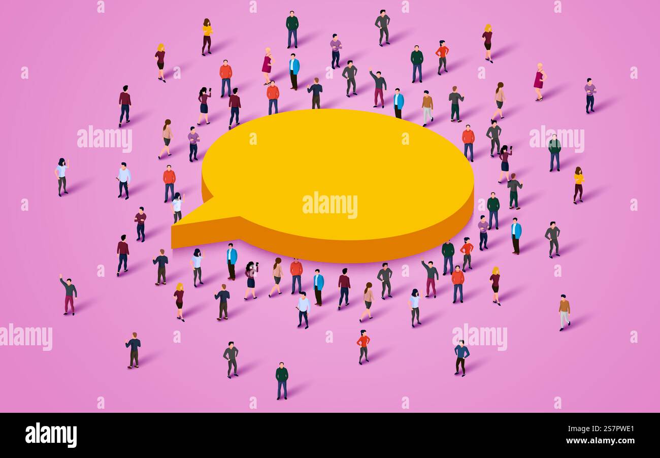 Large group of people standing around chat bubble symbol. Vector ...