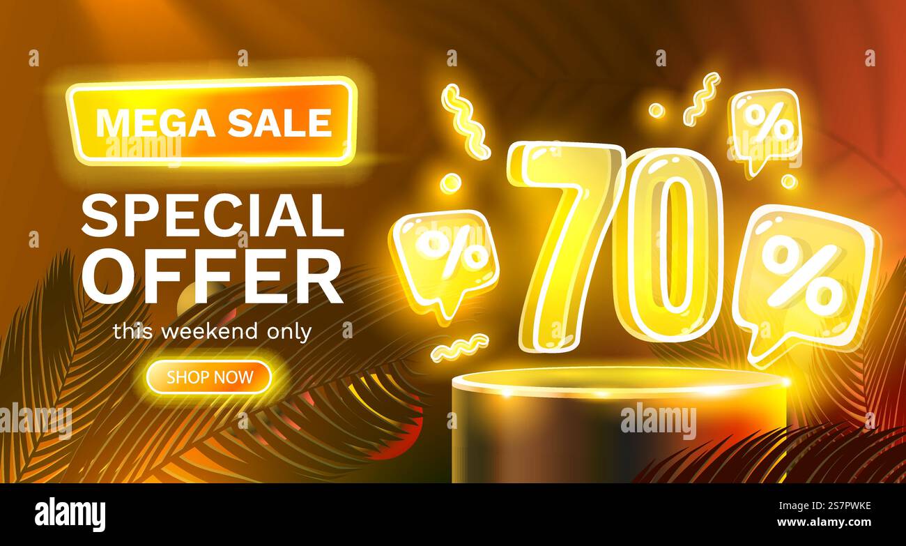 Mega sale special offer, Neon 70 off sale banner. Sign board promotion ...