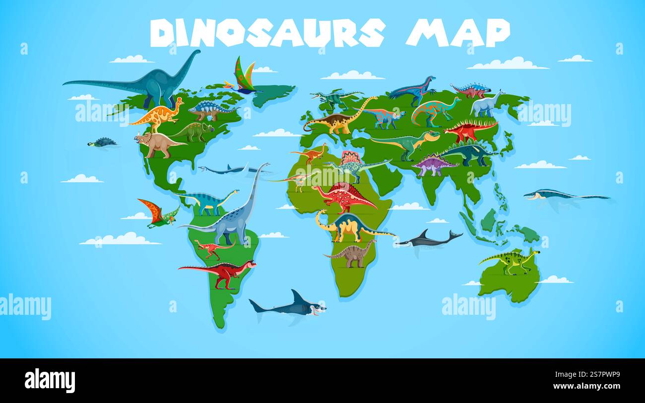 World map with prehistoric dinosaur animals and reptiles. Vector dinos ...