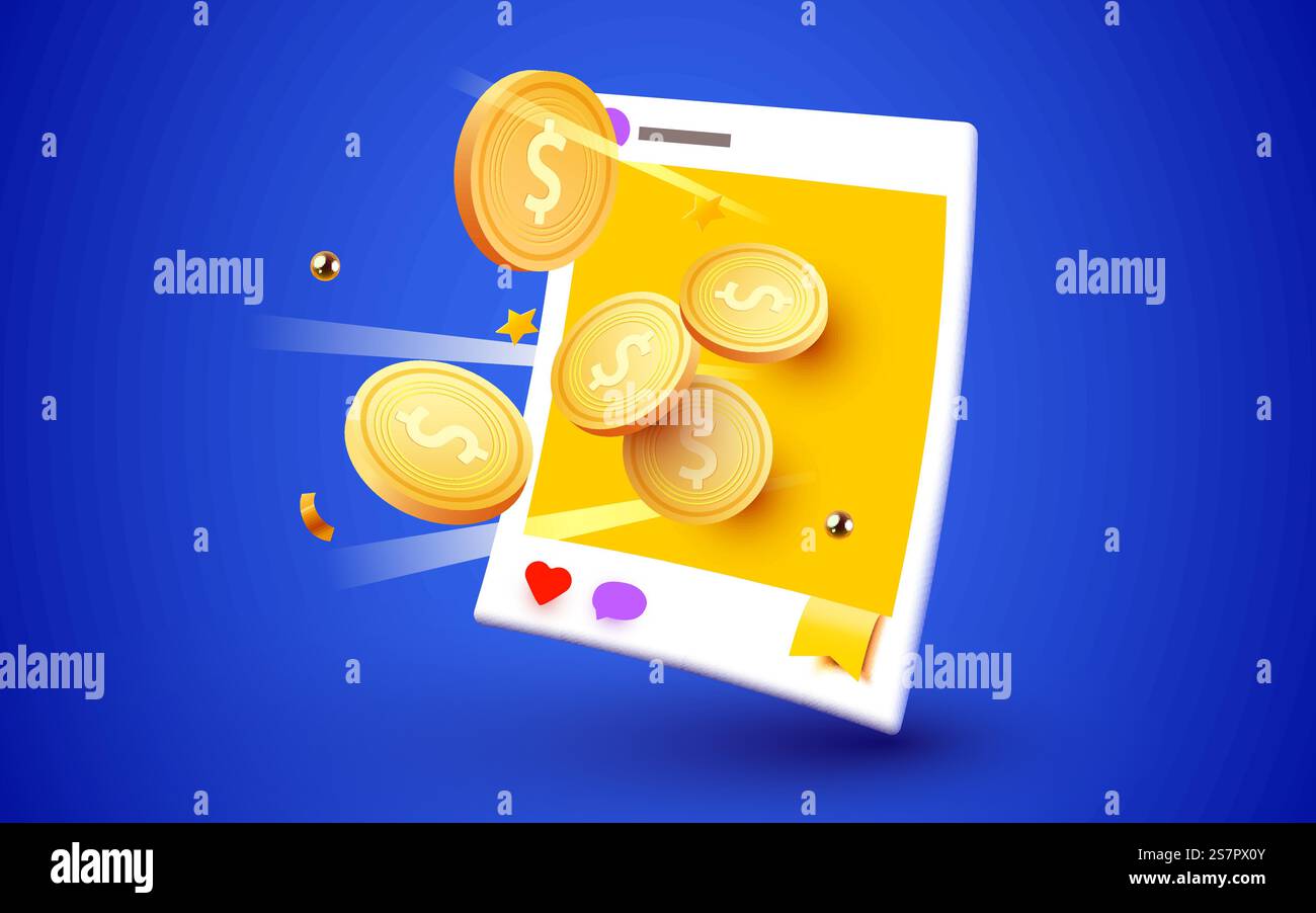Social media photo frame with money explosion. Monetization concept ...
