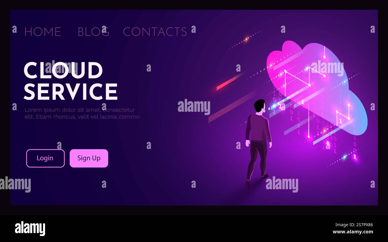 Man stands in front of cloud services symbol. Cloud computing concept. Vector illustration. Man ...