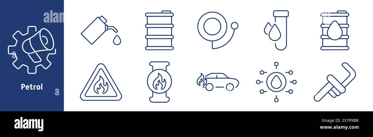 Petrol set icon. Oil can, barrel, fuel hose, drop of oil, warning sign ...