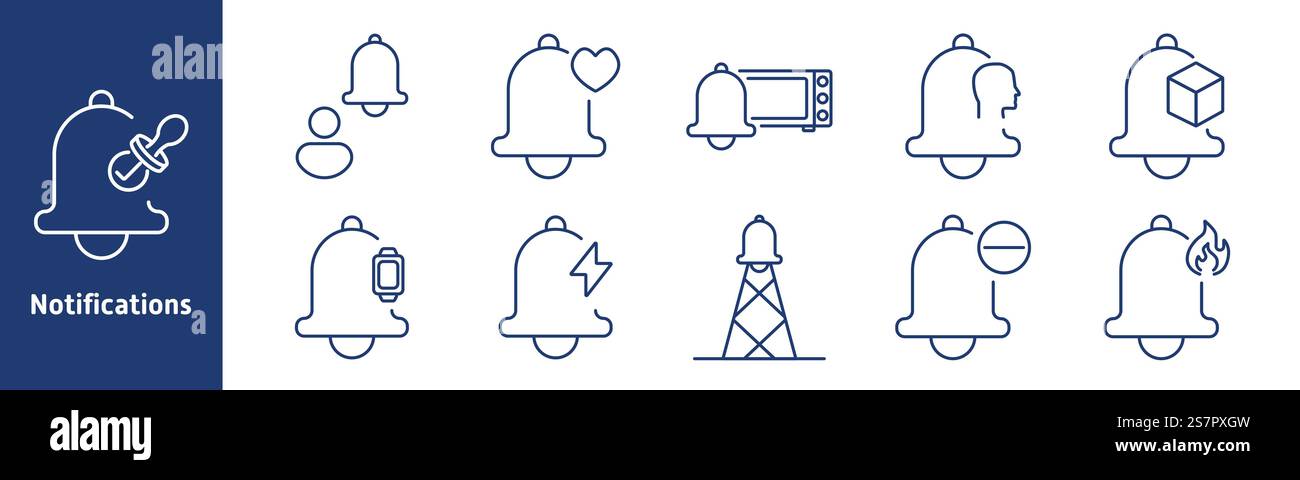 Notifications set icon. Alert, bell, reminder, warning, announcement ...