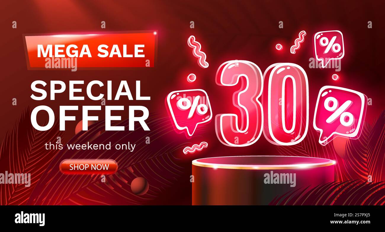 Mega sale special offer, Neon 30 off sale banner. Sign board promotion ...