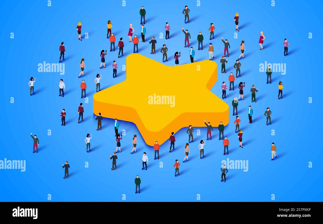 Large group of people standing around star sign. People crowd. Product ...