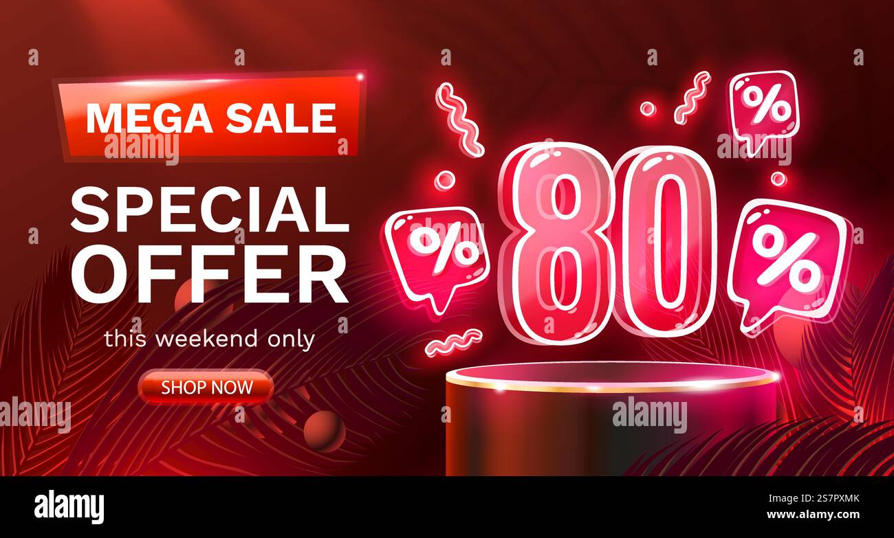 Mega sale special offer, Neon 80 off sale banner. Sign board promotion ...