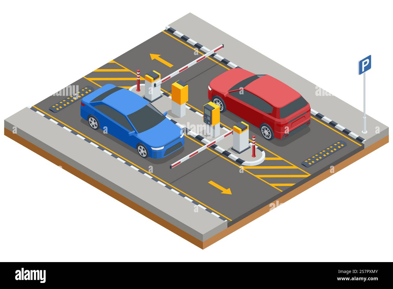 Isometric vector illustration of blue and red cars at a parking barrier ...