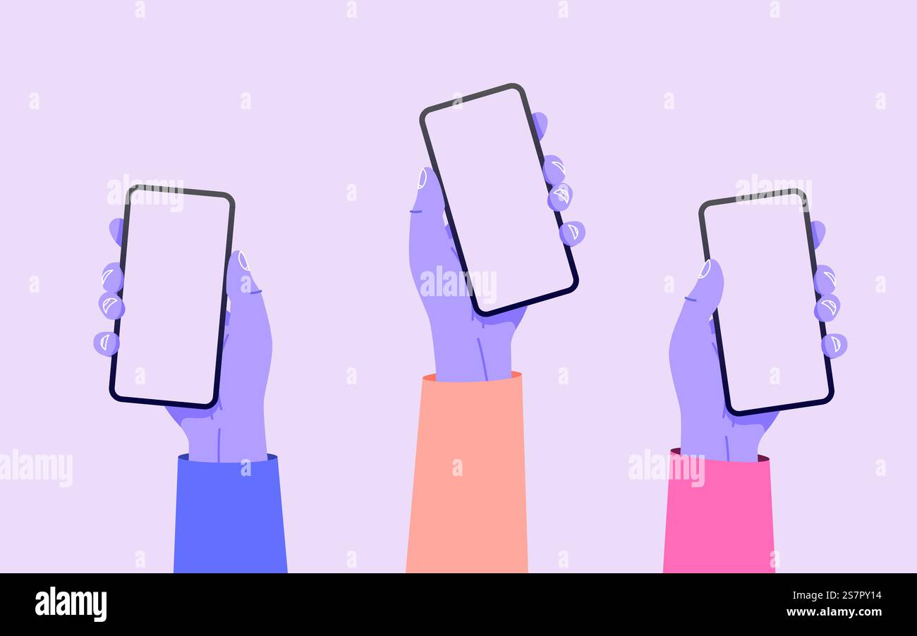 Flat vector hands with phones. Hands holding phones with empty screens ...