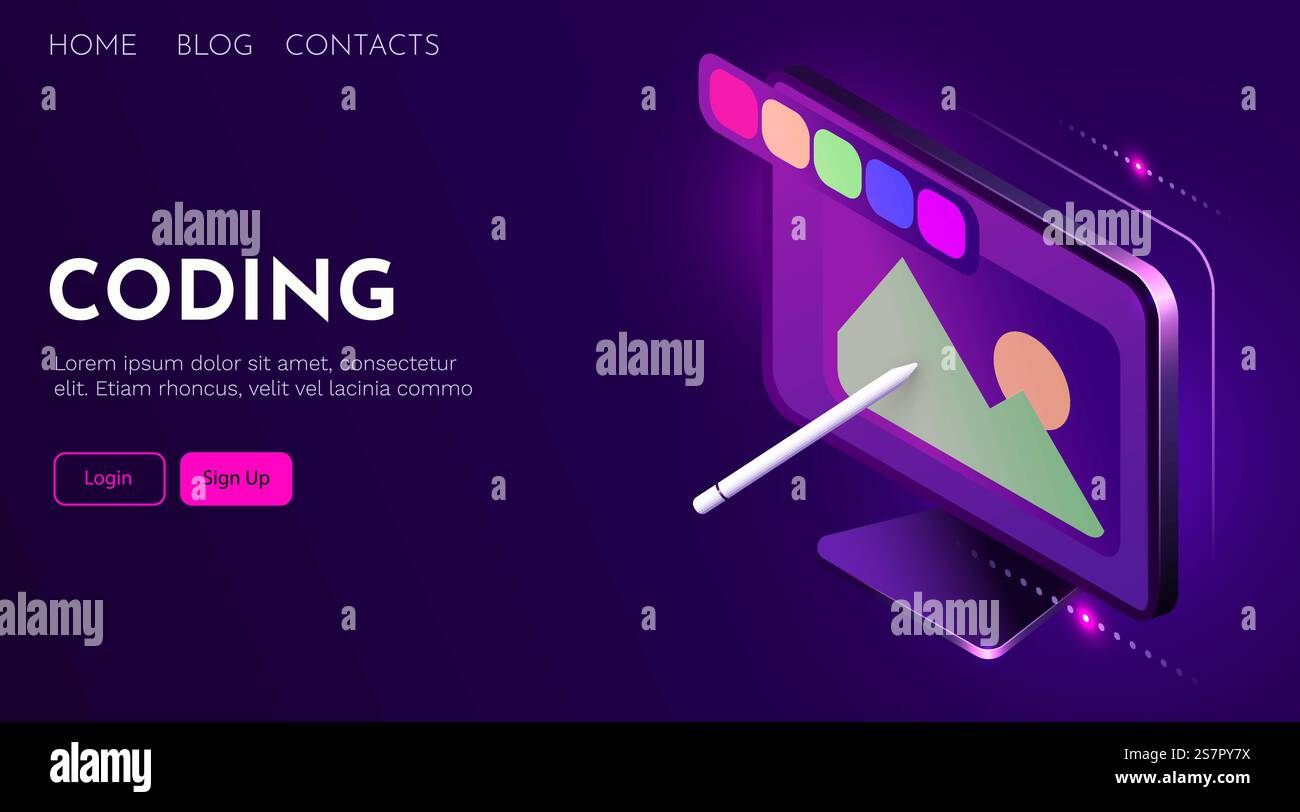 Computer design and digital art. Isometric computer with pen and design ...