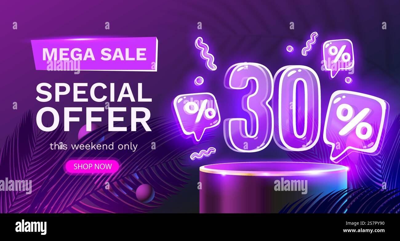 Mega sale special offer, Neon 30 off sale banner. Sign board promotion ...