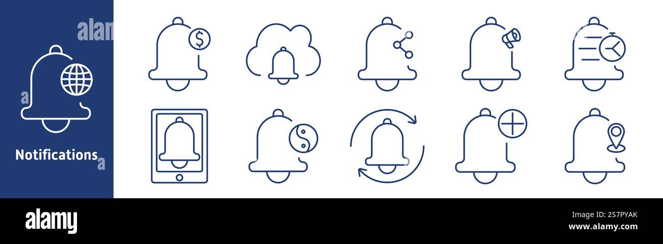 Notifications set icon. Alert, bell, cloud, tablet, time, location ...