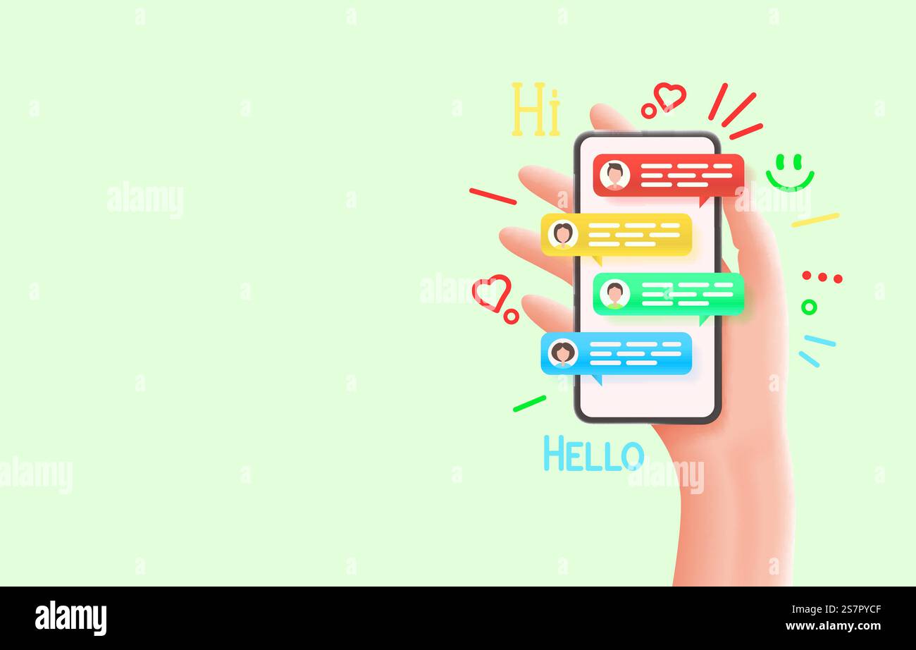 Smartphone in hand, communication between people using chat. Vector ...