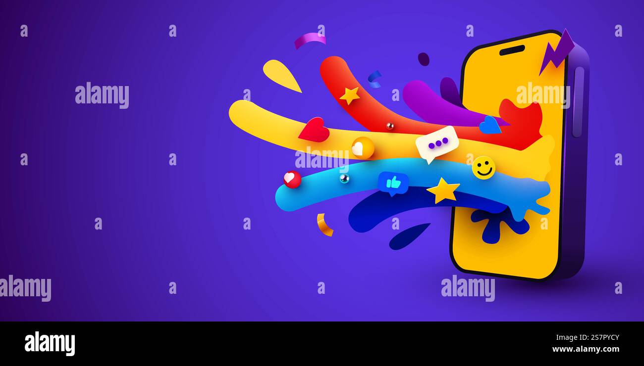 Smartphone with color explosion. Phone mockup. Bright poster. Vector ...