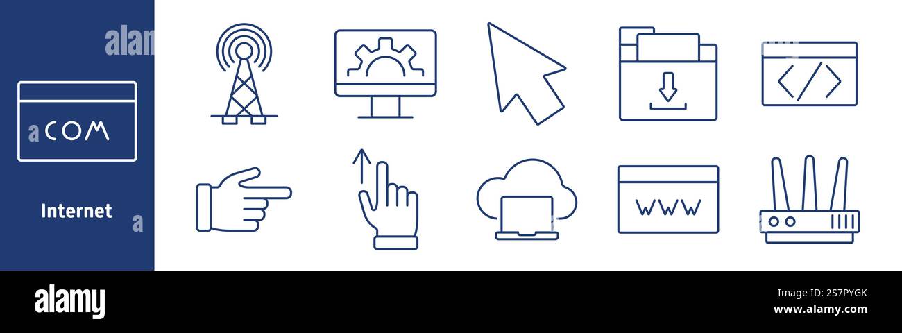Internet set icon. Domain, signal tower, settings on monitor, cursor, download folder, code ...
