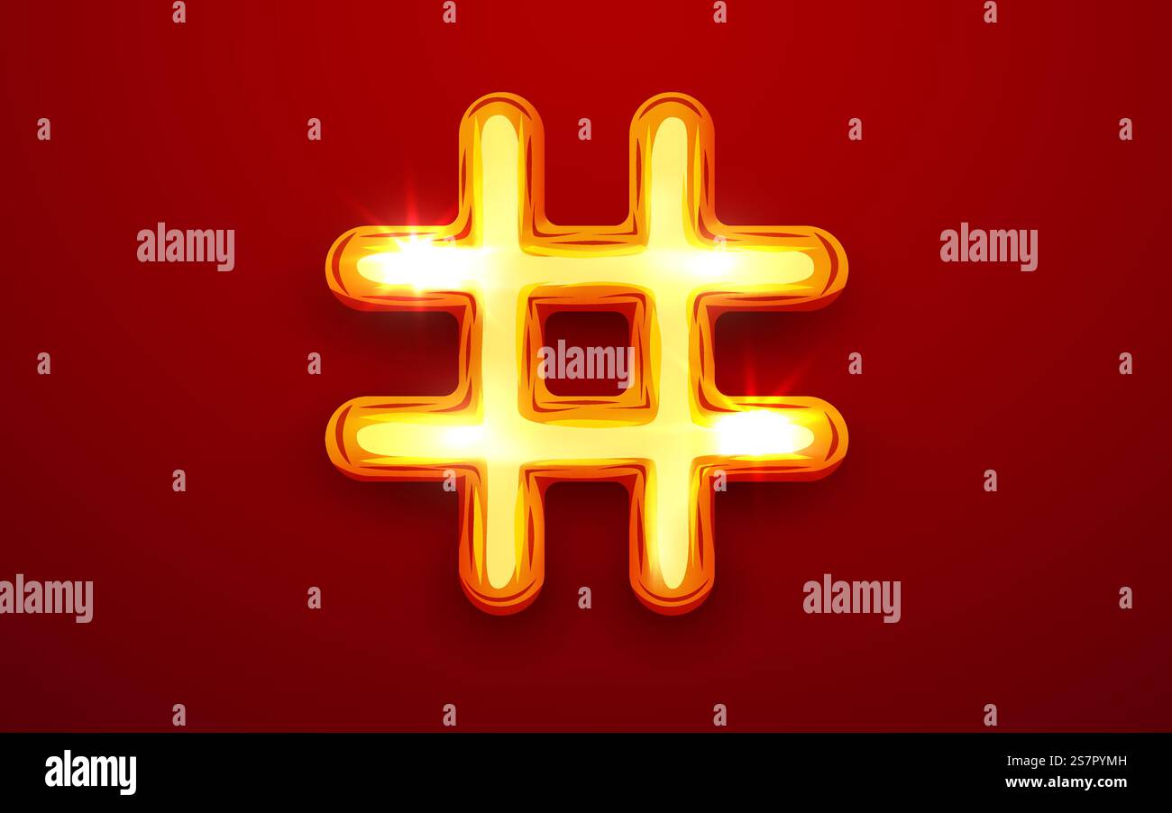 Realistic hash tag. Gold decorative design element. Social media ...